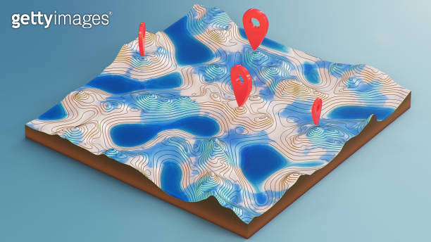 Cross section 3D Map with red point markers. Contour lines on a ...