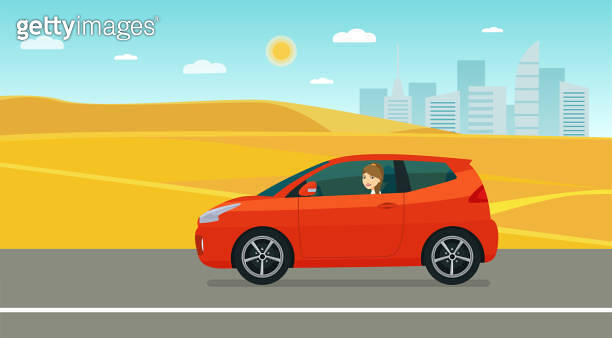 Compact hatchback car with a young woman driving on a desert background ...