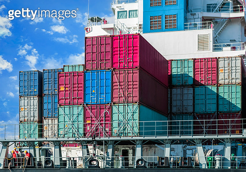 Container stack on vessel deck. Containers storage on a large vessel ...