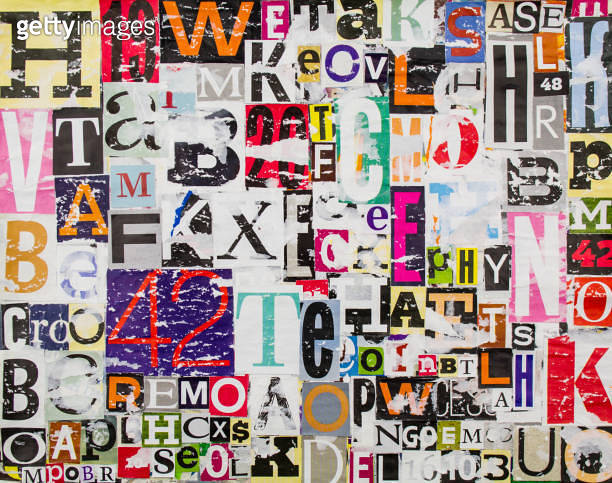 Colorful abstract collage from clippings with letters and numbers ...