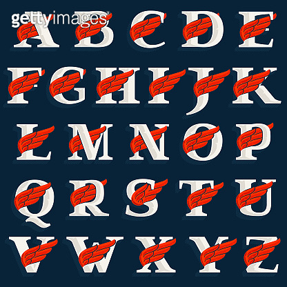 Alphabet with red wing. Classic serif font with shadow made of lines ...