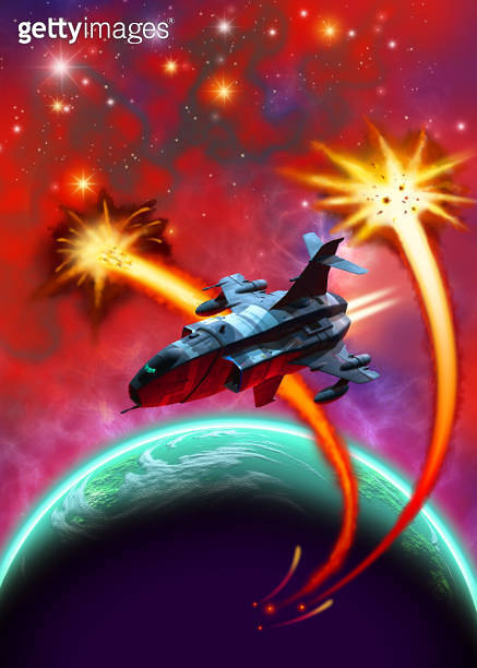 Space Battle, spaceship Flying around an alien planet under Attack by ...