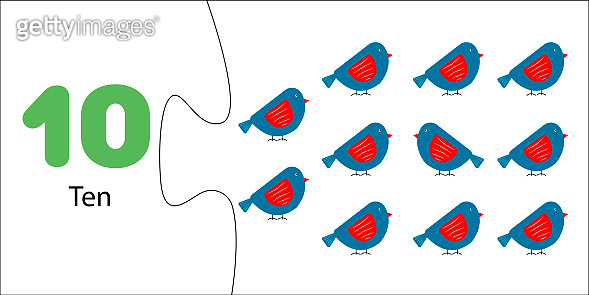 Number 10 and ten cute birds. Puzzle game for preschoolers, children ...