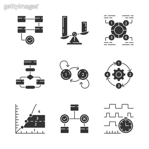 Diagram concepts glyph icons set. Statistics data and process flow ...