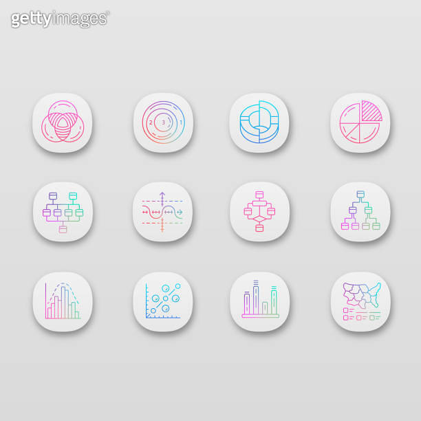 Diagrams app icons set. Schematic representation of info. Statistics ...