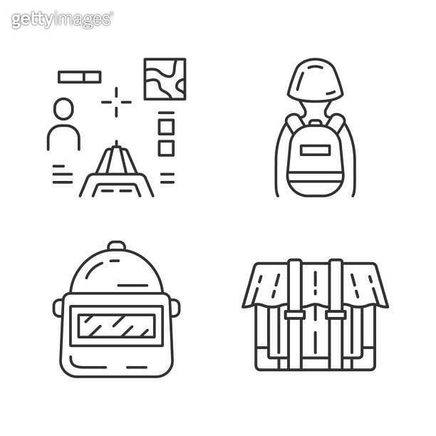 Online game inventory linear icons set. Safety helmet, package ...
