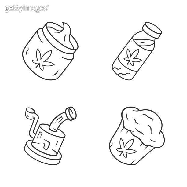 Weed products linear icons set. Glass rig. Marijuana legalization. Hemp distribution and sale ...