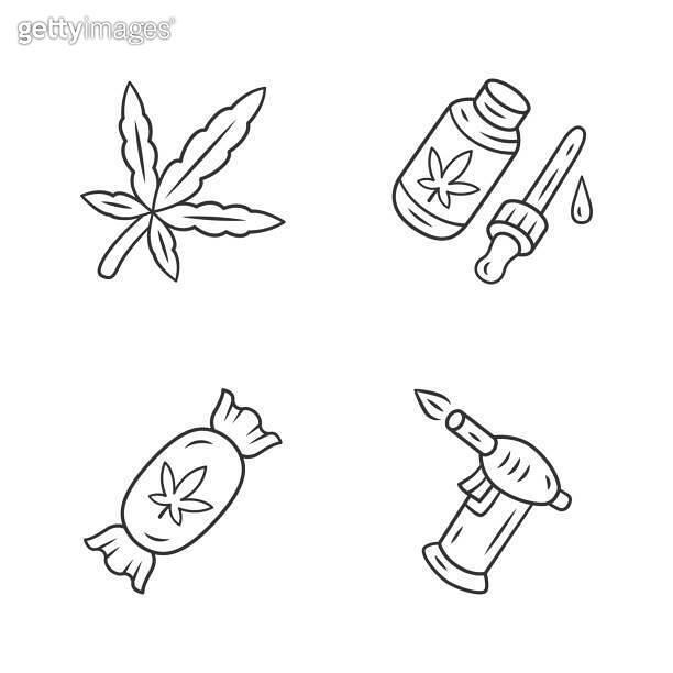 Weed products linear icons set. Cannabis industry. Marijuana legalization. Hemp distribution ...