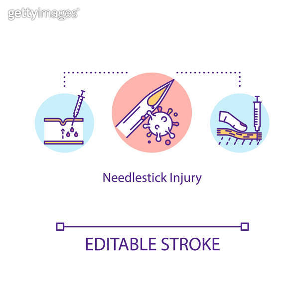 Needlestick injury, skin trauma concept icon. Hypodermic needle effect ...