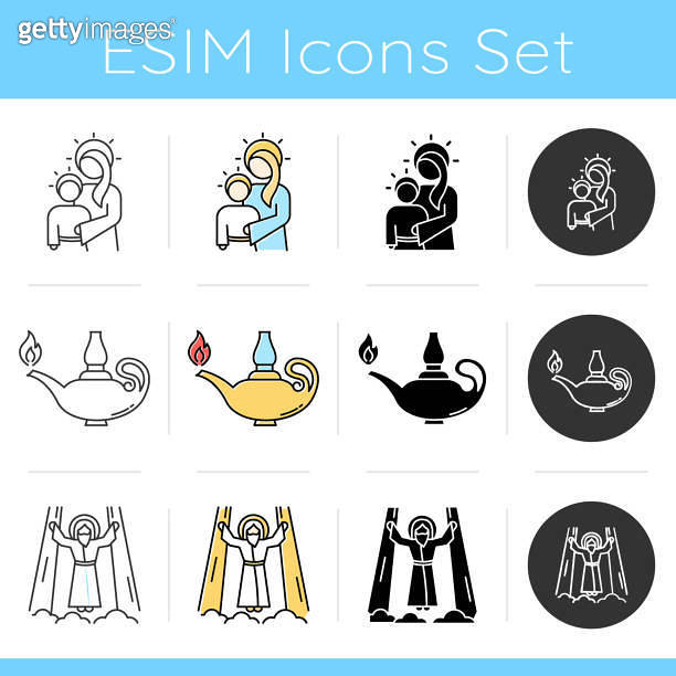 Bible narratives icons set. Virgin Mary, lamp, Ascension of Jesus ...