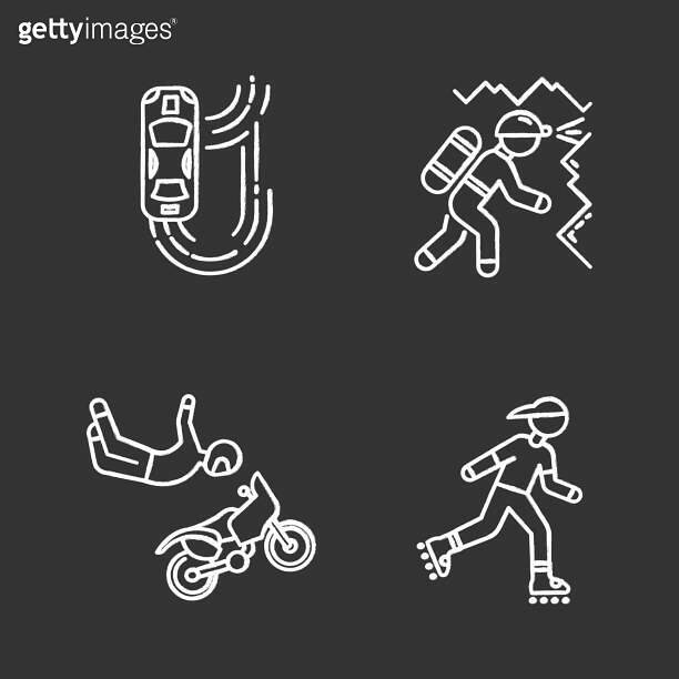 Extreme sports chalk icons set. Auto racing. Drifting car. Caving ...