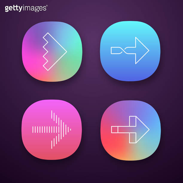 Rightward arrows app icons set. Twisted, notched next, forward arrows. Navigation pointer sign ...