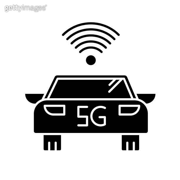 5G smart car black glyph icon. Self-driving vehicle. Autonomous driving ...