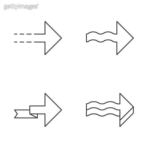 Forward arrows linear icons set. Dotted, wavy, folding, next, forward arrows. Indicating ...