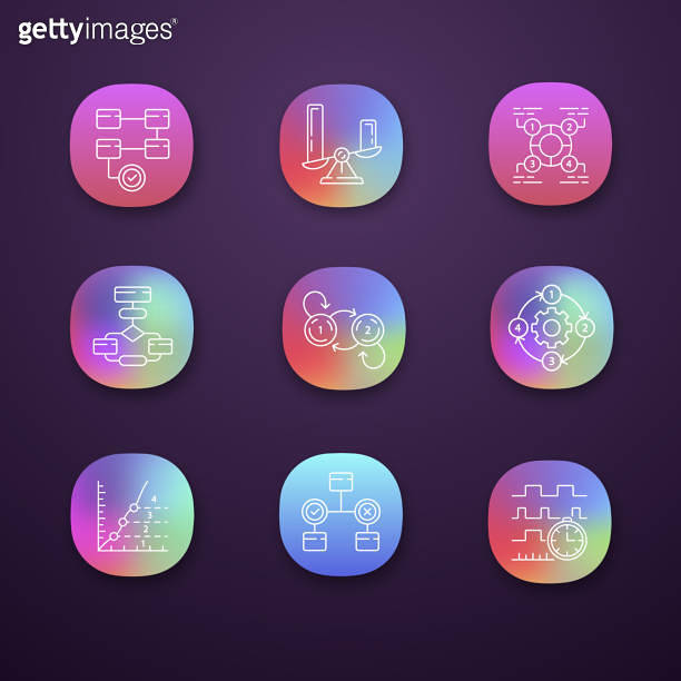 Diagram concepts app icons set. Statistics data and process flow ...