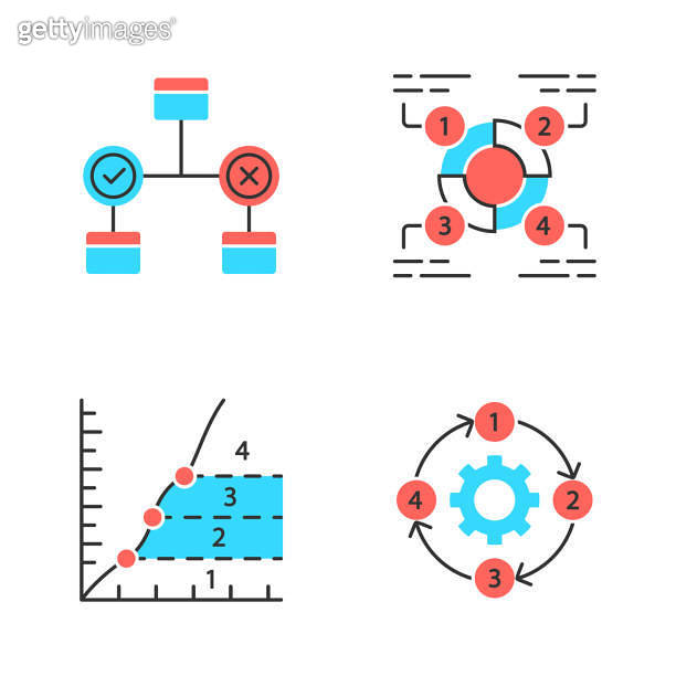 Diagram concepts color icons set. Decision, explanatory, phase, process charts. Statistics data ...