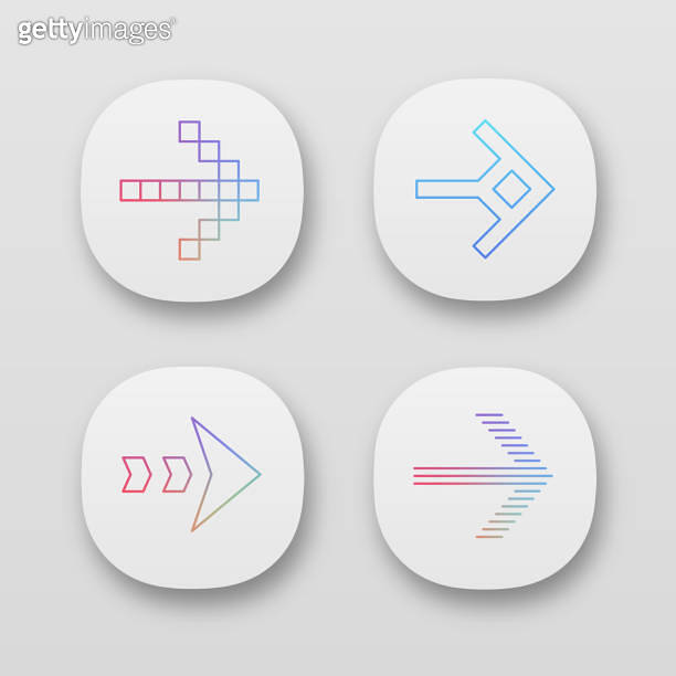 Arrow types app icons set. Pixel, shaped, dashed, striped next, forward ...