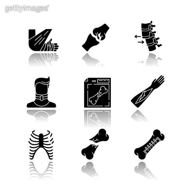Body injuries drop shadow black glyph icons set. Bone and joint ...
