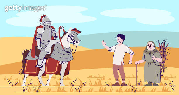 Medieval knight on horse and peasants in field flat vector illustration ...