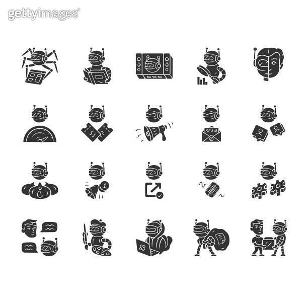 Bot types glyph icons set. Crawler, hacker, spambot, impersonator, scraper, propaganda ...