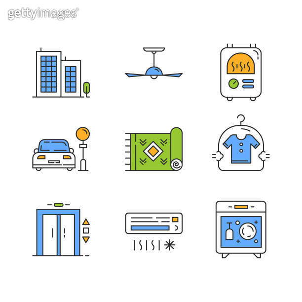 Apartment amenities color icons set. Multi-storey building, dry ...