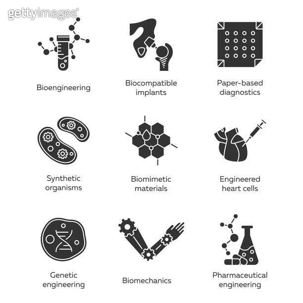 Bioengineering glyph icons set. Biotechnology for health, researching ...
