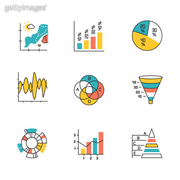 Chart and graph color icons set. Temperature map. Seismic activity ...
