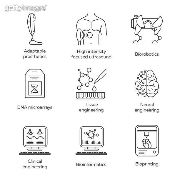 Bioengineering linear icons set. Biotechnology. Molecular biology, biomedical, molecular ...