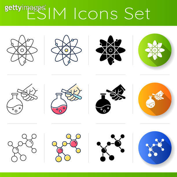 Science symbol icons set. Lab experiments. Chemical synthesis. Molecule ...
