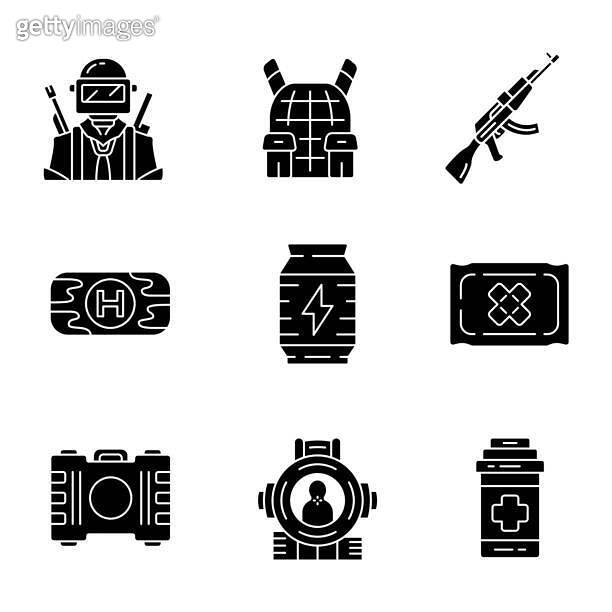 Online game inventory glyph icons set. Esports, cybersports. Soldier ...