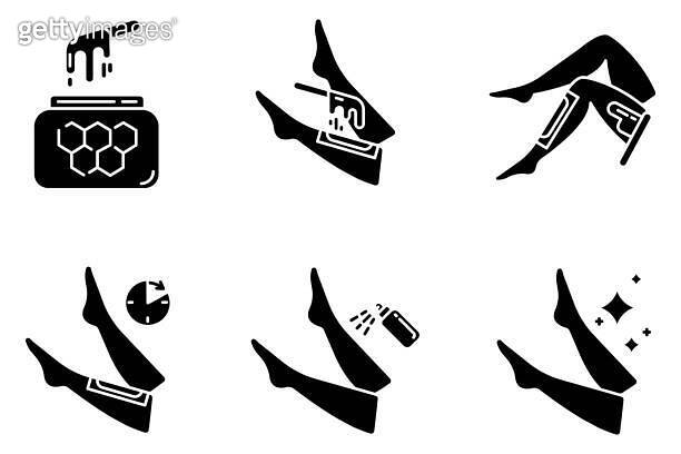 Shin waxing glyph icons set. Leg hair removal with natural honey hot ...