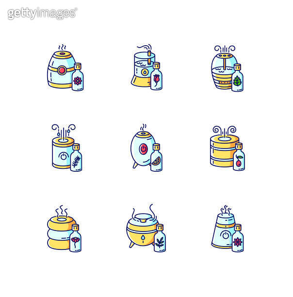 Air purifiers, filters blue, yellow and red RGB color icons set ...