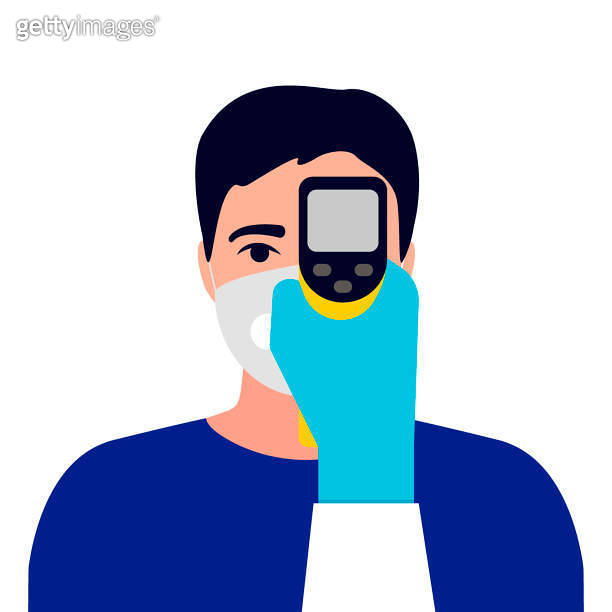 Check control body temperature. Hand with gloves holding distant ...