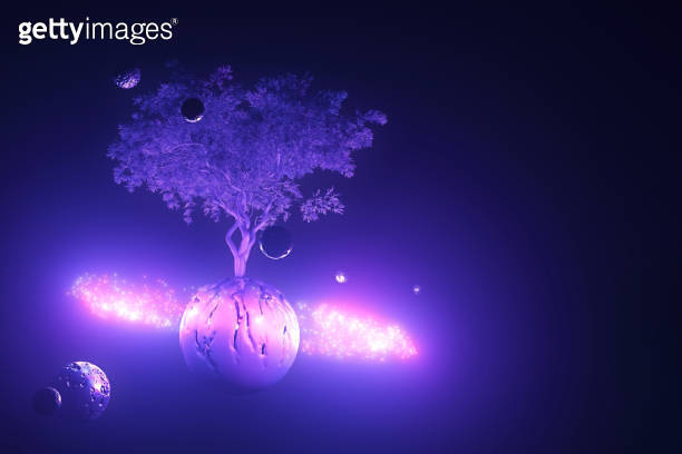 Abstract neon background, mystical space art with tree in light of pink ...