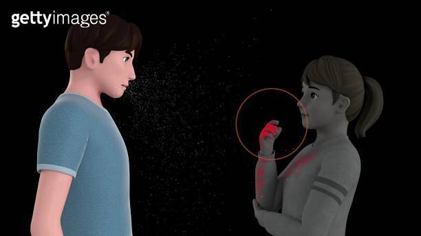 3D rendering of a man spitting a lot of droplets and a woman stand near ...