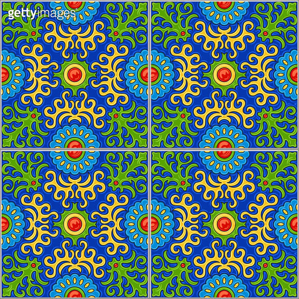 Seamless patchwork pattern of bright colored mosaic tiles with hand ...