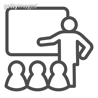 Lecturer blackboard with students line icon. Lecture or training lesson ...
