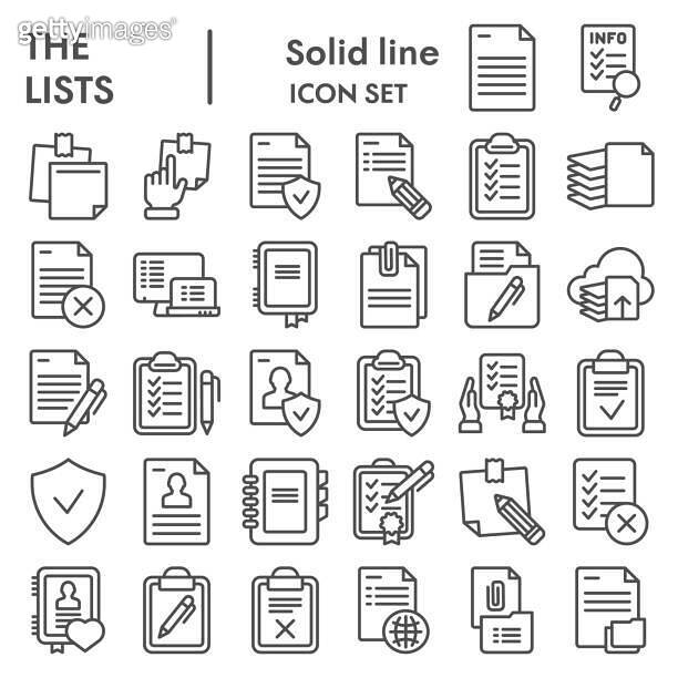 Lists line icon set, documents symbols collection, vector sketches, logo illustrations, paper ...