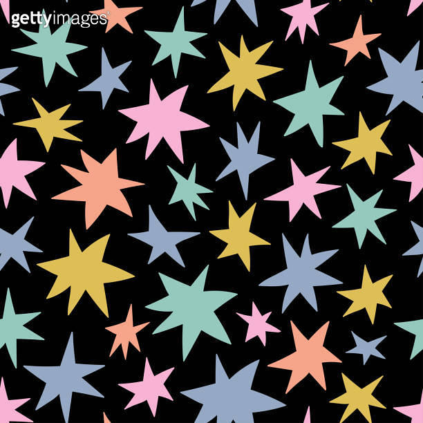 Seamless modern pattern with abstract multi-colored stars on black background. Vector abstract ...