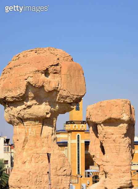 Hoodoos and the Mosque of Abu Dhar al-Ghafari, Jabal Al-Qarah mountain ...