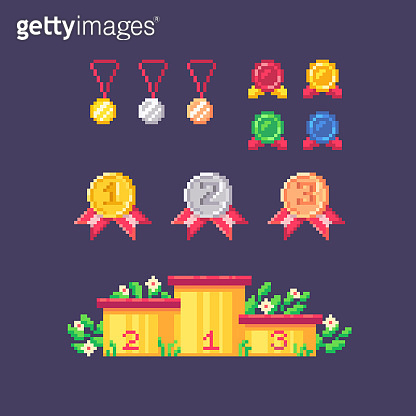 Pixel art winner set. Medals and winners podium. (1211403888) - 게티이미지뱅크