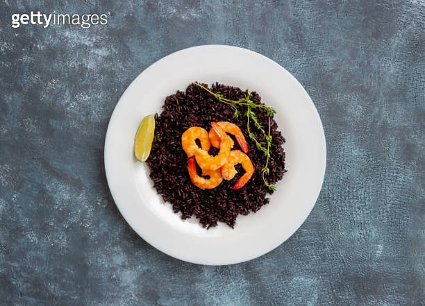 Black rice risotto with shrimp. Sea food. Diet. Healthy eating. 이미지 ...