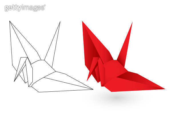 Outline of paper origami bird and red paper origami bird on white ...