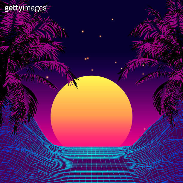 Retro 80s Style Tropical Sunset with Palm Tree. (1290675656) - 게티이미지뱅크