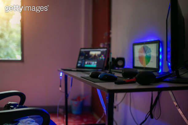 Desk content creator in the house studio and equipment laptop monitor ...