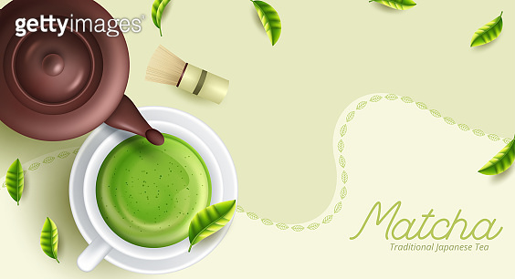 Green matcha tea drink and tea accessories. Japanese tea ceremony concept. Vector illustration ...