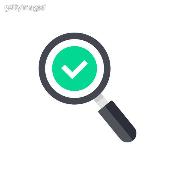 Magnifying glass icon and check mark symbol. Magnifier with round green ...