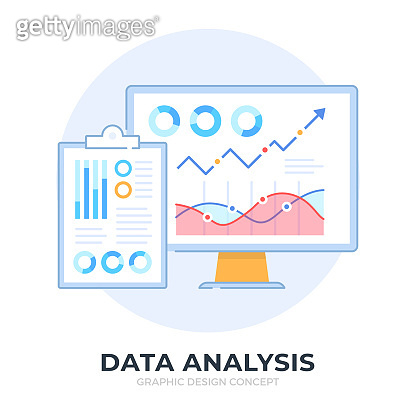 Data analysis. Vector illustration. Clipboard and computer with infographic, charts, diagrams ...