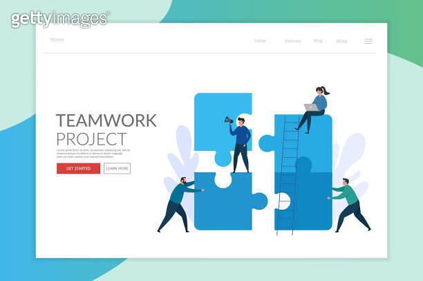 Teamwork concept metaphor. Working together with giant puzzle elements ...