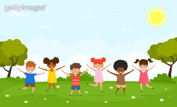 Happy children having fun in nature. Boys and girls are playing ...